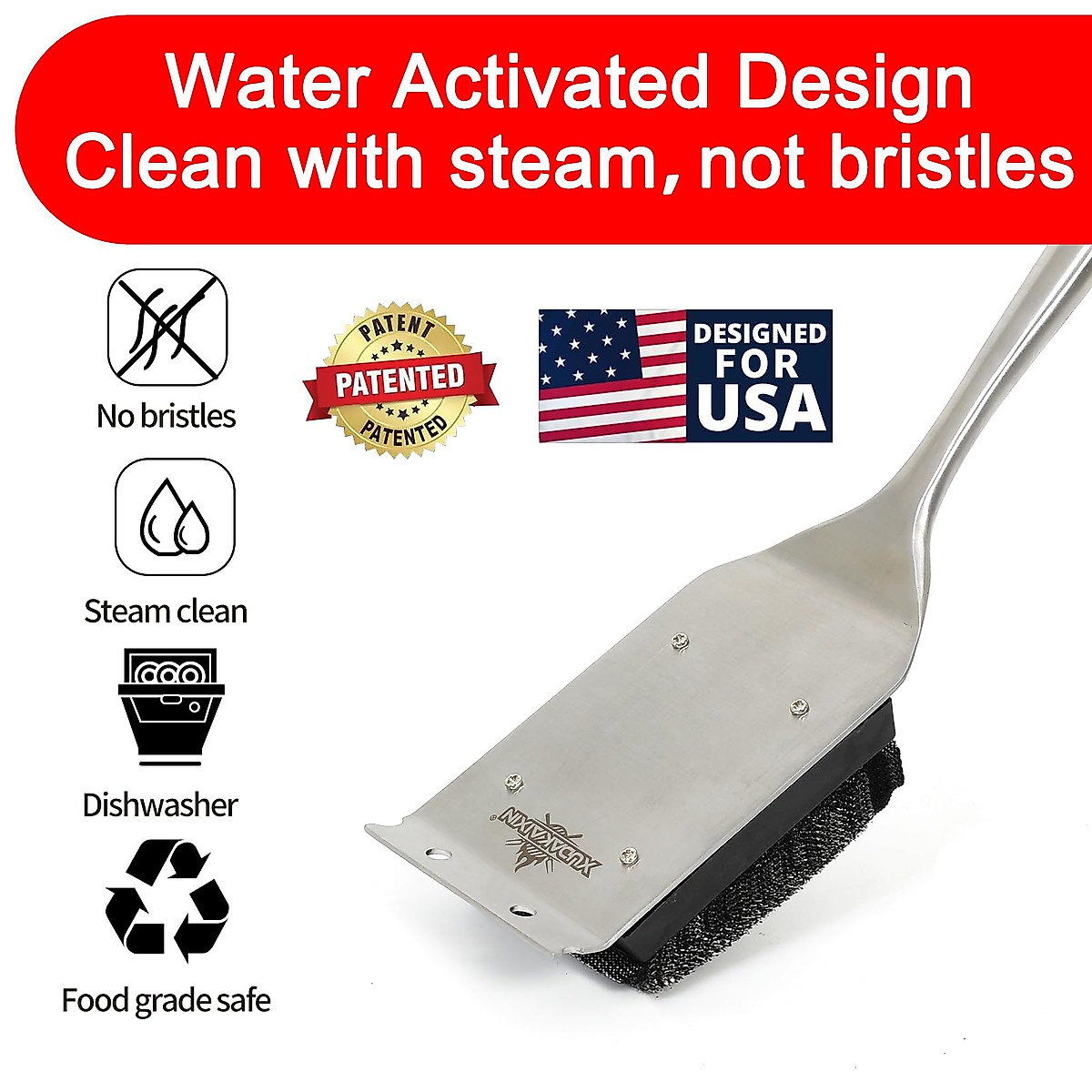 XUDAKAIXIN Grill Brush Bristle Free,Water-Activated steam Effectively Cleans The Grill.Unique Steel Fibers for Cast Iron/Stainless-Steel Grates,Grill Brush for Outdoor Grill,Gift for Men/Dad