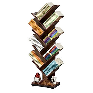 ruboka 8-Shelf Tree Bookshelf, 38.4-Inch Retro Floor Standing Bookcase Display for CDs/Magazine/Books, Small Bookshelf for Bedroom, Living Room, Office,Balcony, Brown Storage Shelves DESK54A