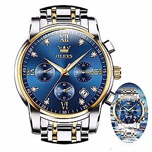 OLEVS Men Watches Big Face Watch for Men Gold and Silver Luxury Blue Watches Mens Analog Quartz Fashion Stainless Steel Watches Roman Numerals Watches Day Date Dress Men Wristwatches
