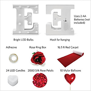 Proposal Decorations Kit, Marry Me Light Up Letters, 2000 Rose Petals, 24 Heart Shaped Romantic Candles, Red Carpet Aisle Runner 16 Feet, 10 Red Heart Balloons, 1 Engagement Rose Ring Box