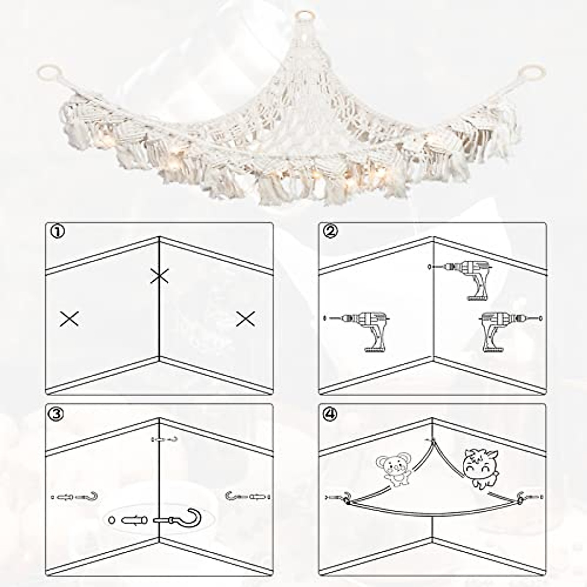 DSVENROLY Stuffed Animal Toy Hammock Macrame, Boho Large Toy Corner Hammock Organizer Display with LED Light, Hanging Stuffed Animal Toy Holder Net Tassel for Playroom Kid's Room Bedroom Nursery