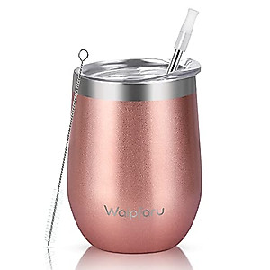 Waipfaru Wine Tumbler, 12 Oz Insulated Wine Tumbler With Lid and Straw, Stainless Steel Stemless Cup, Double Wall Vacuum Wine Tumbler for Wine Coffee Cocktails, Travel & outdoors (Rose Gold)