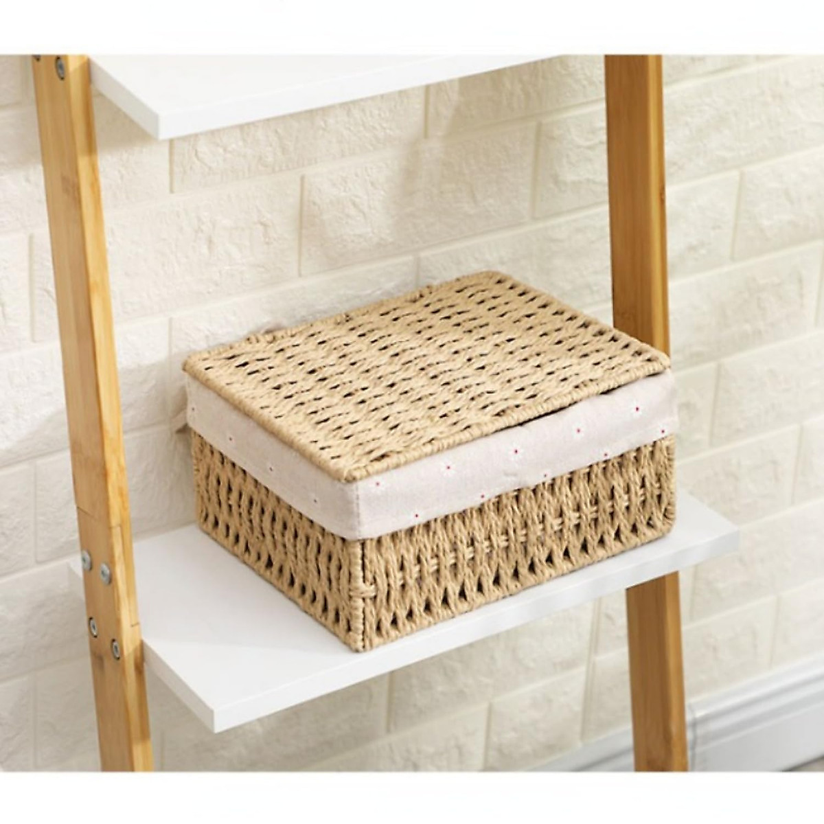 Rattanzenith Small Wicker Basket with Lid Paper Storage Baskets for Shelves Small Storage Bin with Removable Liner Nesting Decorative Woven Basket for Makeup Closet Organizer (Small, Khaki)