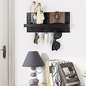 Decorative Key Holder for Wall with Shelf, Entryway Shelf with Hooks Holds Leashes, Jackets and Glasses – Sturdy Wood Keyholder Entrance Hanger with Mounting Hardware (11.8” x 5.5” x 3.1”) (Black)