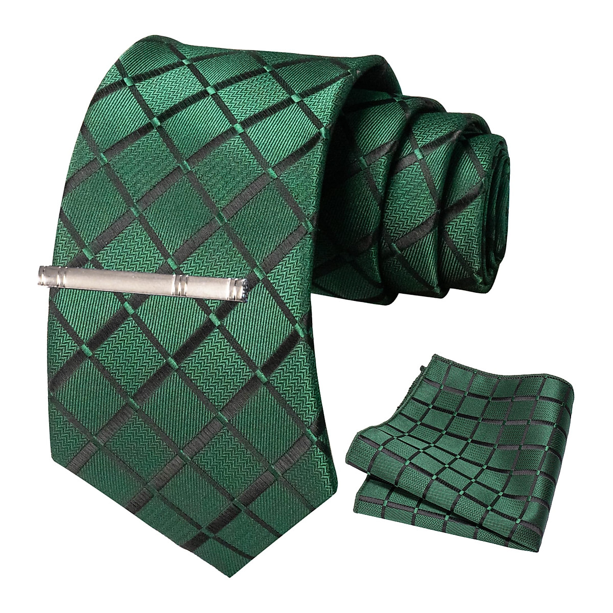JEMYGINS Plaid Green Tie and Pocket Square Hankerchief Mens Silk Necktie with Tie Clip Sets(4)