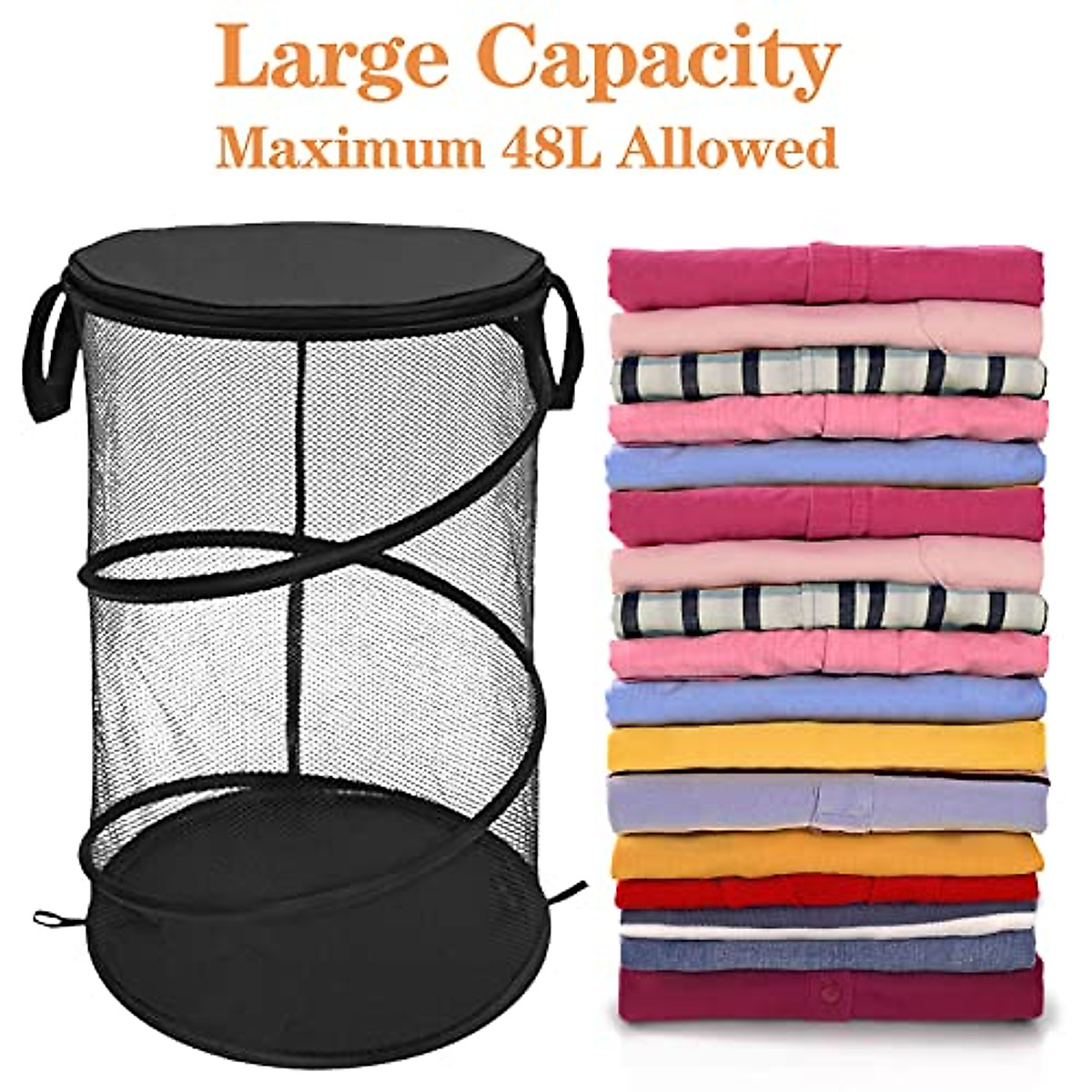 Collapsible Round Popup Laundry Hamper with Lid 2PCS Set, White & Black Foldable Mesh Laundry Basket with Reinforced Carry Handles Solid Bottom, Large Double Clothes Hamper for College Dorm Travel