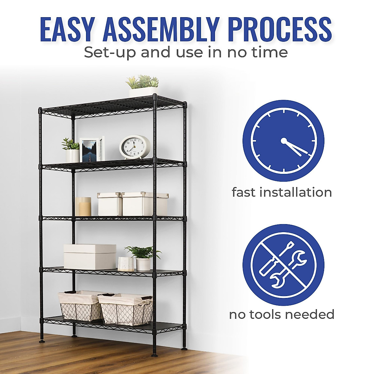 SafeRacks - NSF Certified Storage Shelves, Zinc, Heavy Duty Steel Wire Unit with Wheels and Adjustable Feet, Garage or Bakers Rack, Kitchen, Pantry Shelf - (36"x14"x60" 5-Tier) (Black)