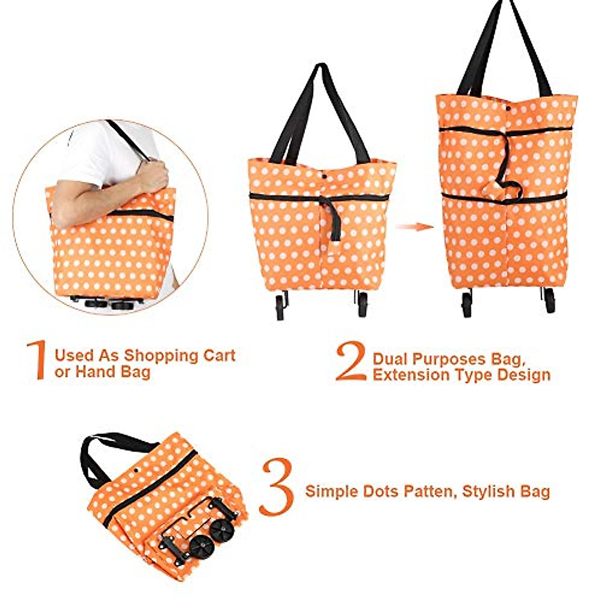 Collapsible Trolley Bag Folding Shopping Bag with Wheels 2-in-1 Reusable Shopping Cart Grocery Bags