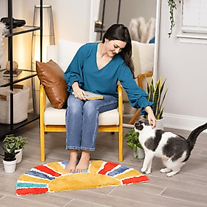 Bathalia Colorful Retro Rainbow Bath Mat, Soft and Fluffy Water Absorbent, Large Half-Circle 20x37 Boho Sun Rug with Non-Slip Backing for Bathroom and Shower Room