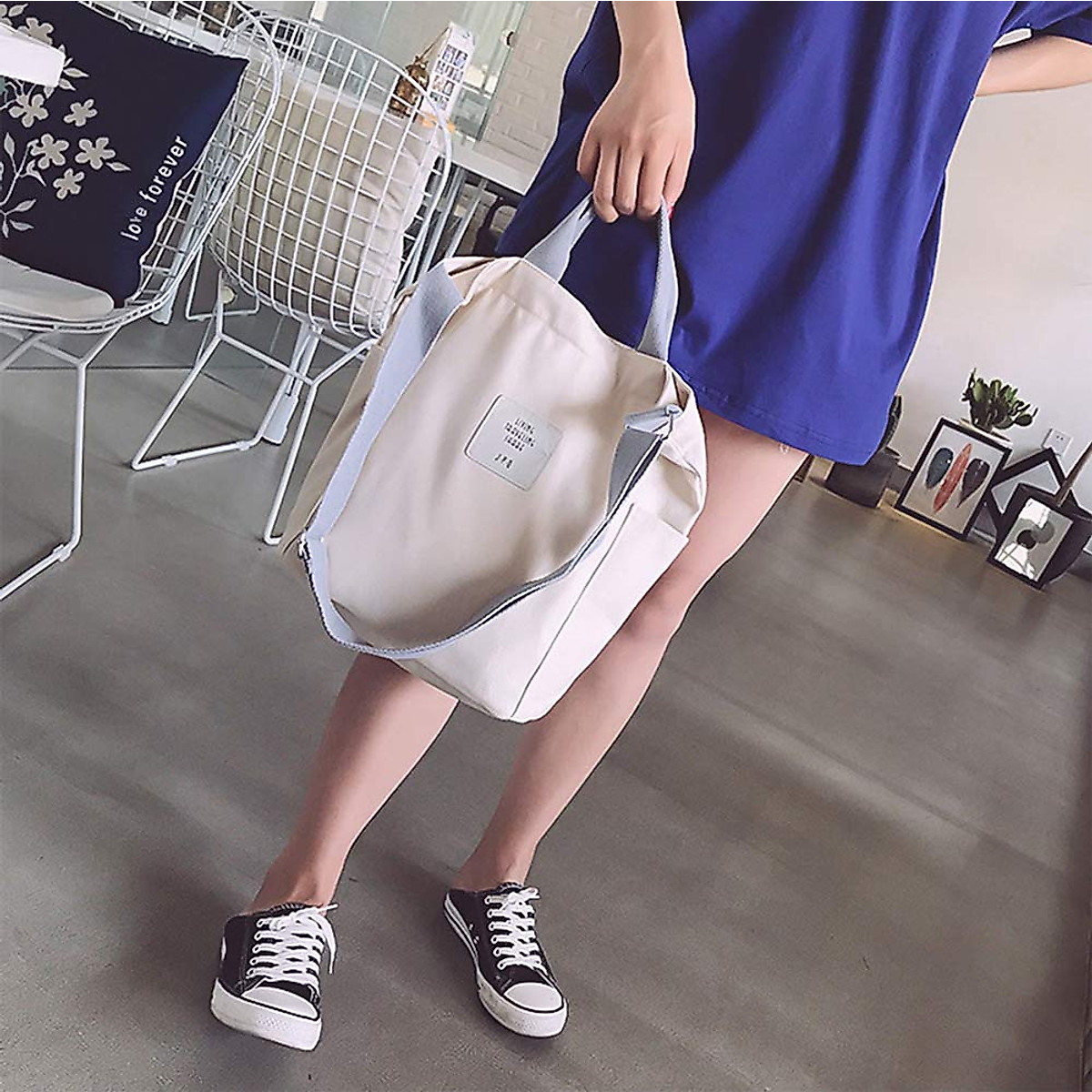 Belsmi Shoulder Bag Canvas Totes Bag Shopping Cotton Crossbody Travel Weekend Handbag Work Bag (Small, Beige)