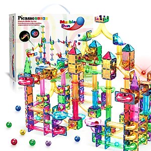 PicassoTiles 200 Piece Magnetic Marble Run Marbles for Kids Race Track Toy Set Marble Maze Sensory Toys for Toddlers STEM Educational Magnet Building Blocks Construction Building Tiles Boys Girls 3+