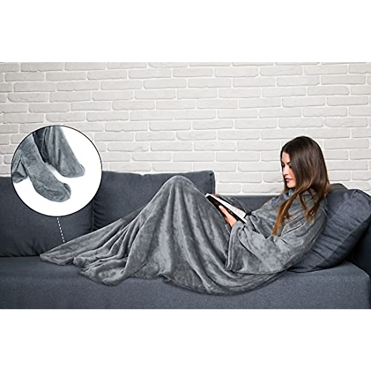 Wearable Fleece Blanket with Sleeves and Foot Pocket for Adult Women Men, Super Soft Cozy Microplush TV Blanket Throw Wrap Cover for Lounge Couch Reading Watching TV