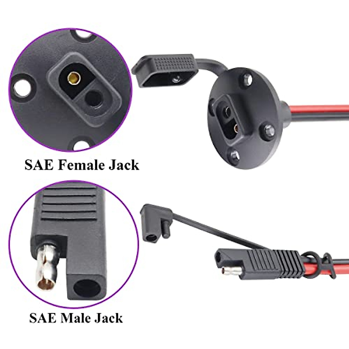 AAOTOKK (2Pack 10AWG SAE Weatherproof Cable SAE Power Socket Sidewall Port Connector Cable SAE Panel Mount Charging Cable SAE Quick Connect Jack for Solar Generator Battery Charger Cord (0.6M/SAE)
