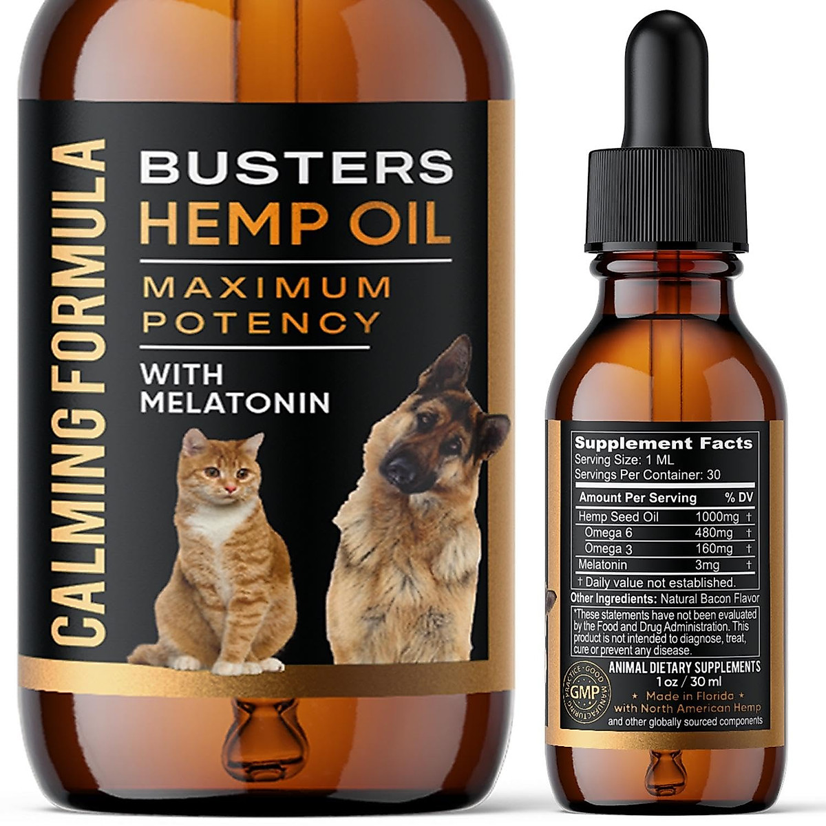 Busters Calming Hemp Oil, Enriched with Melatonin for Dogs, Cats, Pets, Sleep Aid, Natural Anxiety Relief, Ideal Omega Ratio, Adrenal and Cushings Support