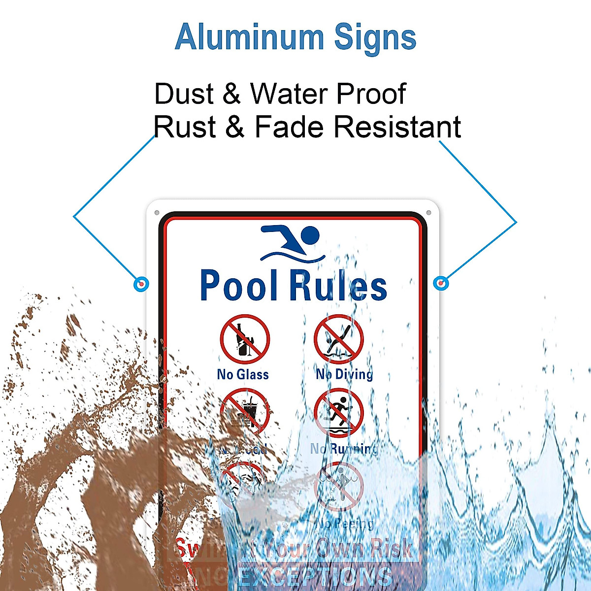 Pool Rules Signs No Diving No Glass Sign, No Food No Pushing No Running No Peeing in Pool Swim at Your Own Risk Signs, 14 x 10 Inches Rust Free Rust Free Aluminum, Easy Mounting (1 Pack )