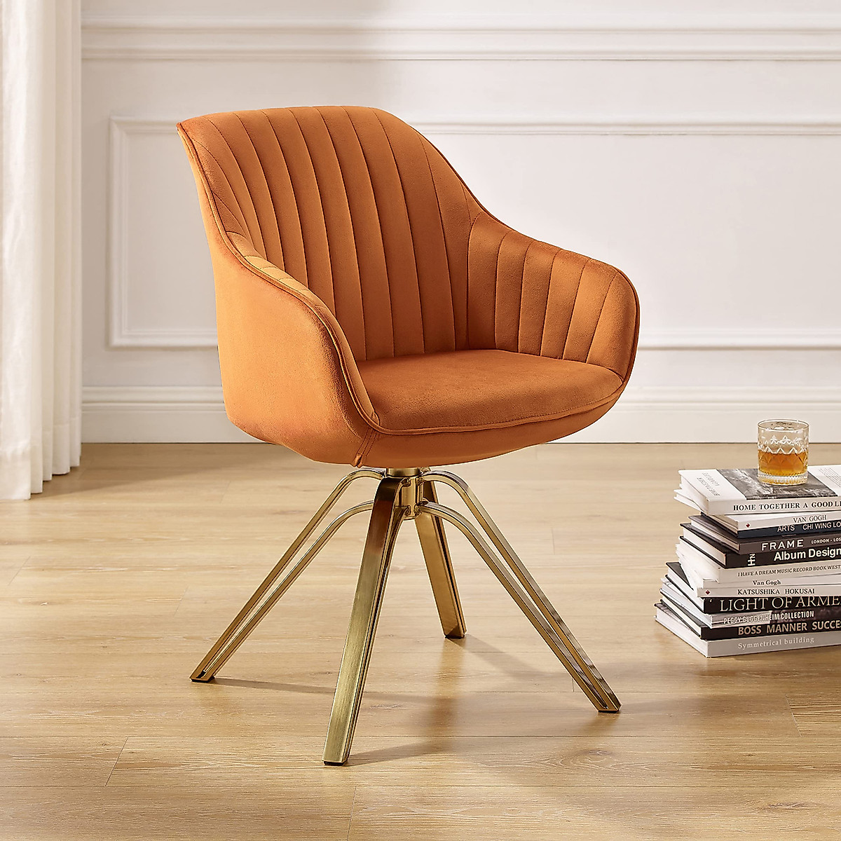 Art Leon Mid Century Modern Swivel Accent Chair, Desk Chair No Wheels, Fabric Upholstered Armchair with Gold Legs, Chair for Bedroom, Cinnamon