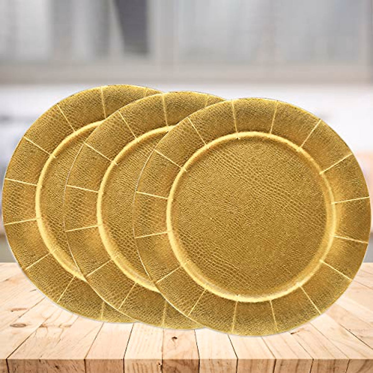 24 Disposable Gold Round Charger Plates 13" Dinner Table Serving Tray Heavy Duty Reusable Paper Cardboard Platters for Table Setting Placemats Cupcake Dessert Birthday Parties Weddings Food Safe