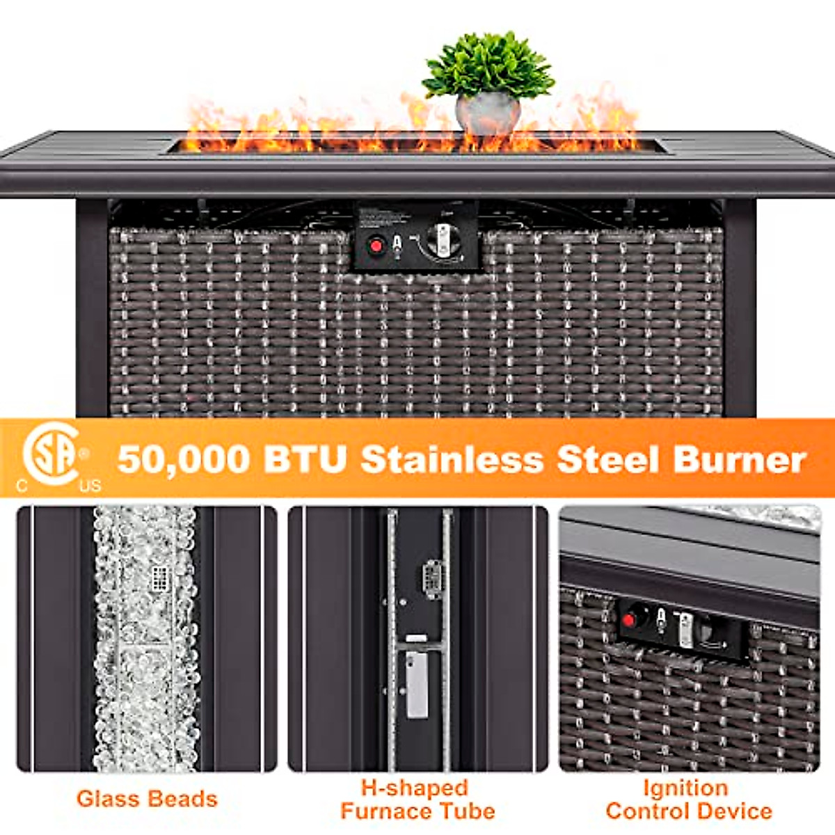 Nuu Garden 43-inch Propane Fire Pit Table, 50,000 BTU Aluminum Gas Fire Table with Lid, Cover and Glass Beads, Rectangle Firepit for Garden, Patio, Backyard, Deck, Dark Black