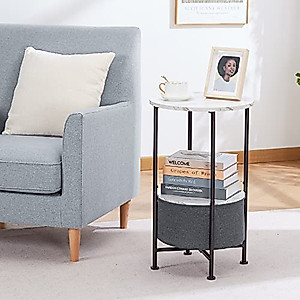 LEMONDA 26" High Marble White Round End Table with Storage,Small 2 Tiers Round Side Table with Basket for Living Room Bedroom,Round Sofa Table Nightstand Bedside Table for Small Spaces