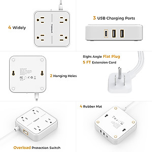 Long Flat Extension Cord 15 ft, TESSAN Surge Protector Power Strip 15 Feet with 4 Outlets 3 USB Ports (1 USB C), 3 Prong Flat Plug Charging Station with Surge Protection, Wall Mount Indoor Essentials