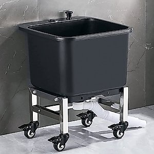 Floor Mop Sink With Roller, Commercial Mop Service Basin, Single Bowl Kitchen Sinks, Large Free Standing Wash Station Tubs And Drainage, For Kitchen/Restaurant/Business/Garages (Color : Black, Size