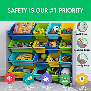 Humble Crew Extra-Large Toy Organizer, 16 Storage Bins, Grey/Blue/Green/Yellow,15.5"D x 42"W x 35"H