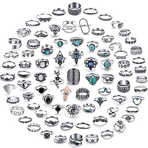 17 MILE 82 Pcs Vintage Silver Knuckle Rings Set for Women, Bohemian Stackable Joint Finger Rings, Retro Stone Crystal Stacking Midi Rings Pack (Silver)