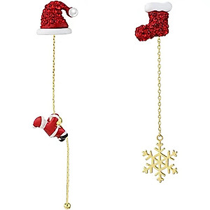 Gold Plated Snowflake Santa Claus Threader Tassel Earrings for Women Girls Sterling Silver Pins Red Crystal CZ Sock Christmas Hat Dangle Drop Christmas Tree Earring Studs Xmas Party Gifts(Snowflake)