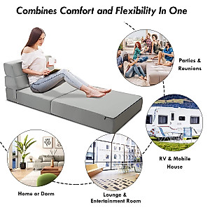 S AFSTAR Triple Fold Down Sofa Bed, Convertible Tri-Fold Floor Couch, Modern Upholstered Guest Sleeper Chair for Living Room Bedroom, Upholstered Guest Chaise Lounge (Gray)