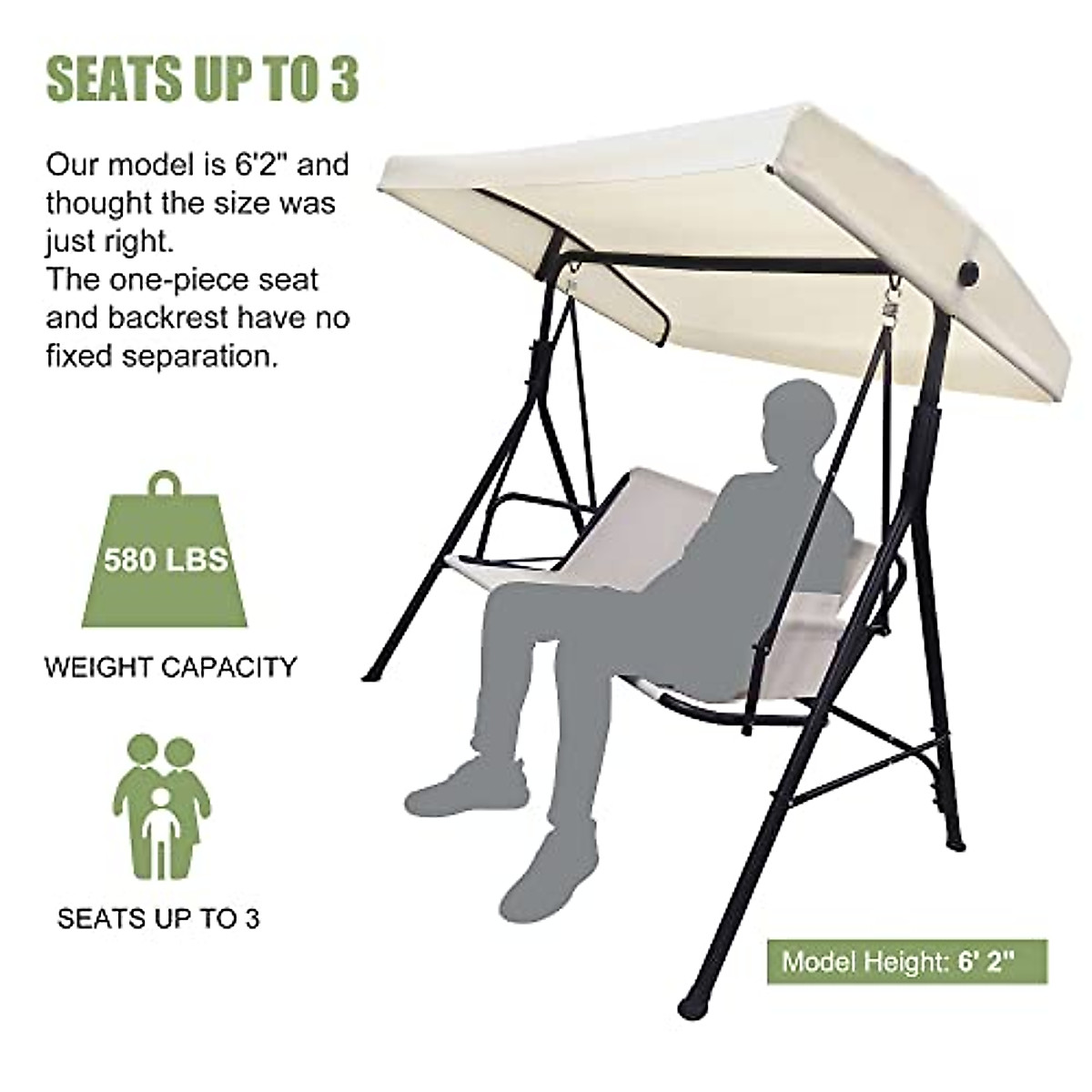 Outdoor Patio Swing Chair for 2-3 People, with Removable Cushion and Convertible Canopy, Weather Resistant Powder Coated Steel Frame, for Patio, Backyard, Garden (Light Off-White)