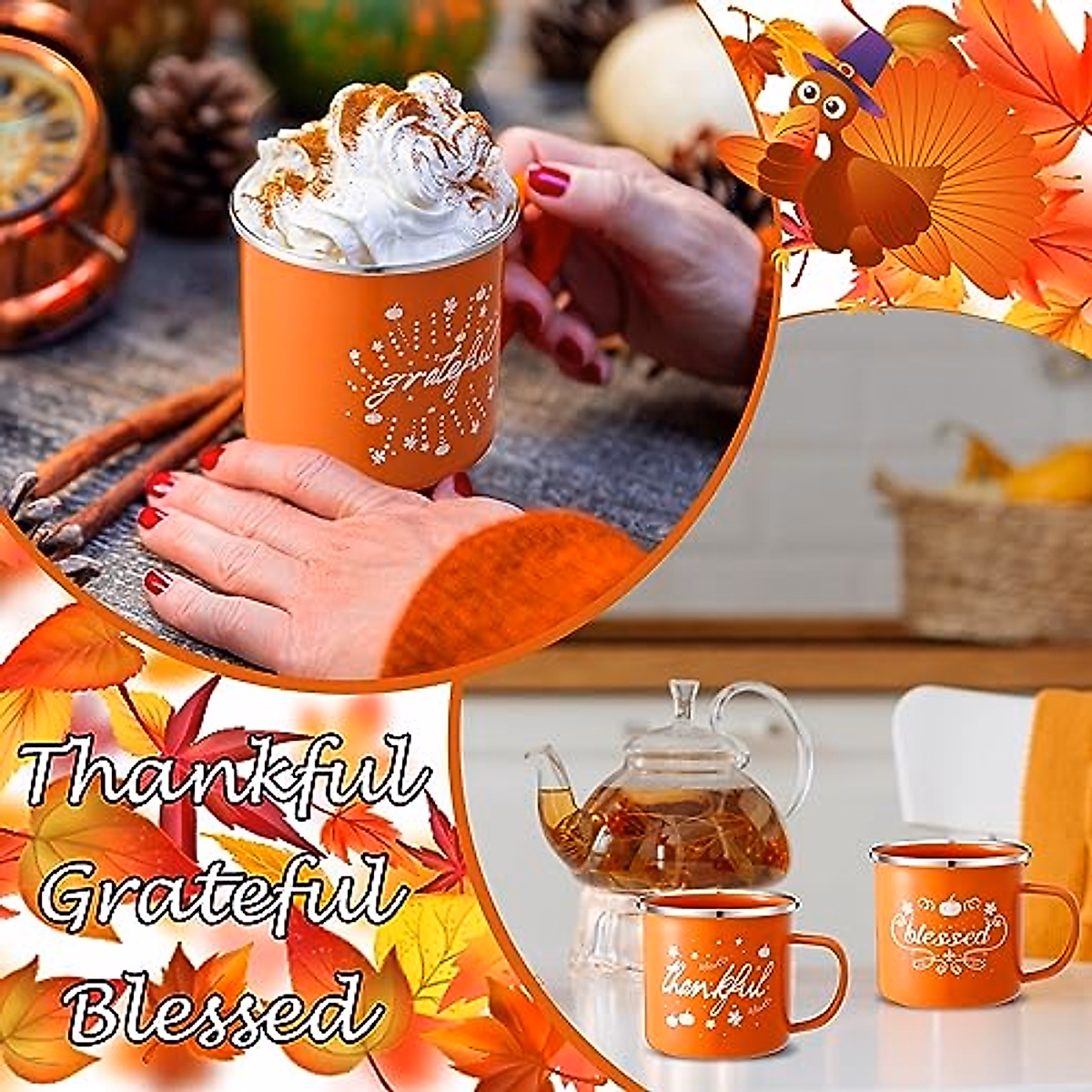 Uiifan 3 Pcs Fall Autumn Coffee Mugs 16 oz Enamel Pumpkin Mugs Cups Campfire Style Fall Mugs Grateful Thankful Tea Latte Mug for Thanksgiving Halloween Holiday Daily Supplies