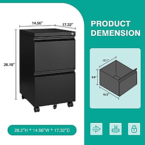 SISESOL 2 Drawer File Cabinet on Wheels,Metal Filing Cabinet with Lock,Black Rolling File Cabinets,Under Desk Office Cabinets for Home Office,Fit A4/Letter/Legal