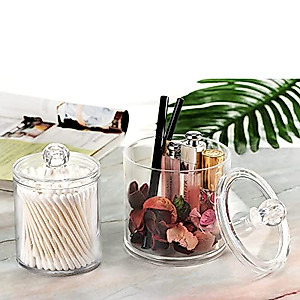 Bathroom Vanity Storage Organizer Canister Holder Apothecary Jars Set for Qtips,Cotton Balls,Swabs,Rounds,Makeup Sponges,Bath Salts,Premium Plastic Acrylic, Clear | 10oz.and 20oz.