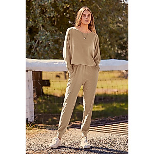 PRETTYGARDEN Women's Fall Fashion Outfits 2 Piece Sweatsuit Long Sleeve Pullover Long Pants Ribbed Matching Lounge Set (Khaki,Medium)
