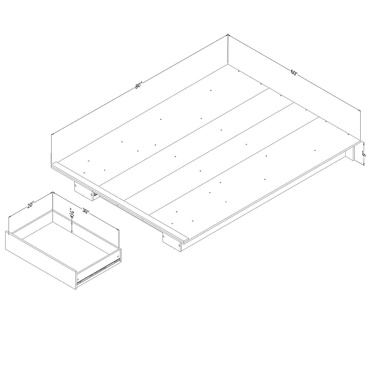 South Shore Primo Full/Queen Platform Bed (54/60'') with drawer, Rustic Oak