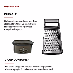 KitchenAid Gourmet 4-Sided Stainless Steel Box Grater with Detachable Storage Container, 10 inches tall, Black
