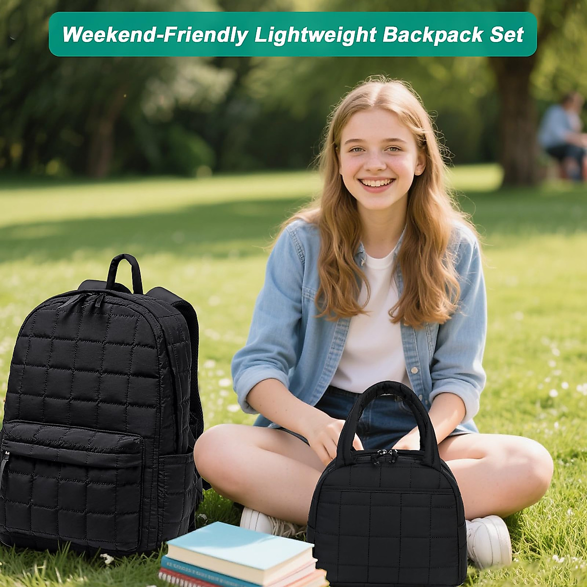 School Backpacks for Teen Girls Bookbags Lightweight Canvas Backpack Schoolbag Set (Turquoise-Flower) One_Size