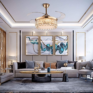 TFCFL 42" Gold Crystal Ceiling Fan Lights with Remote Control,Ceiling Fan Chandelier LED Three-Color Lights 3 Speeds Fan Retractable Blade for Living Room, Kitchen, Restaurant (Gold)