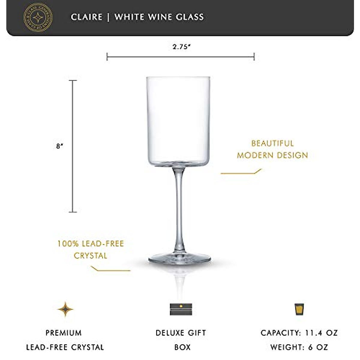 JoyJolt Claire 11.4oz White Wine Glass Set. Crystal Glasses. Elegant Stemware Stemmed Wine Glasses Made in Europe. Unique and Modern Wine Glasses with Stem. Set of 2