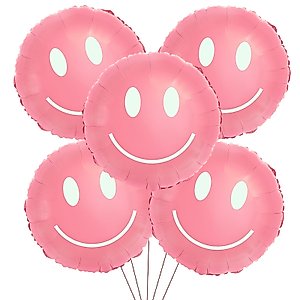 24Inch pink smile balloons,pink smiley face foil balloons for girl birthday party decoration/groovy party supplies(5pieces)