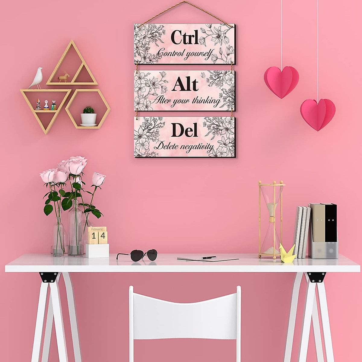 3 Pieces Pink Wall Decor for Girl Room Wall Decor Floral Wooden Wall Hanging Wall Art Inspirational Office Wall Decor with Positive Quotes Ctrl Alt Del Wall Sign for Girl Women Bedroom Bathroom(Pink)