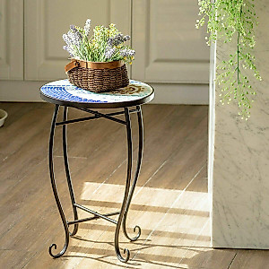 Modern Outdoor Indoor Round Accent Table Plant Stand Scheme Garden Steel Ocean Inlaid Glass Mosaic Top Patio Piece, Plant Stand