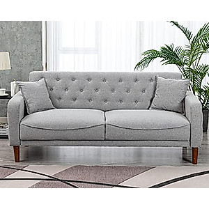 Aoowow Linen Fabric Sofas and Couches 78 Inches Long, Mid Century Modern Couch Tufted Back Sofa with 2 Throw Pillows, Armrest and Wooden Legs for Living Room, Apartment, Bedroom (Grey)