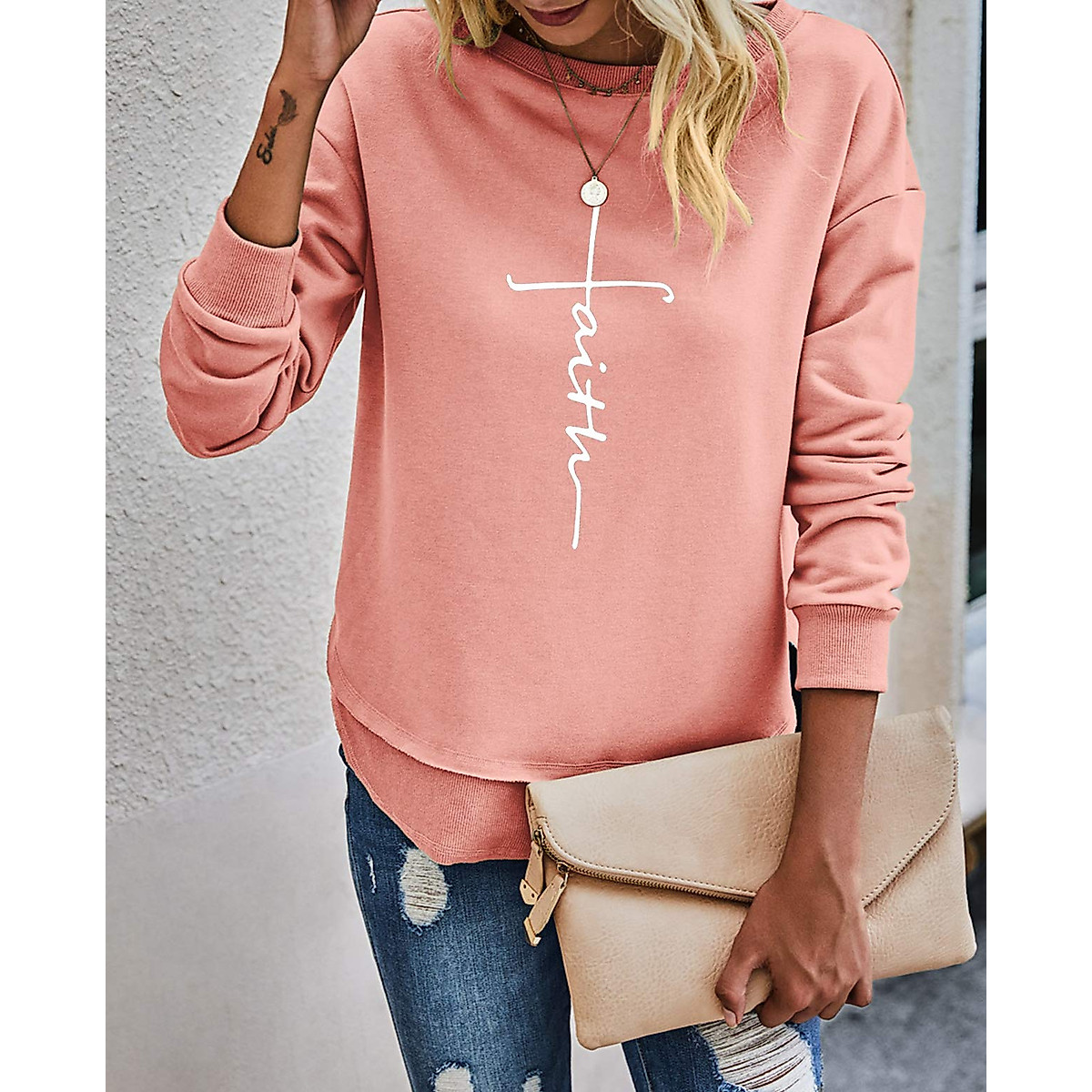 Mansy Womens Cross Letter Printed Crewneck Sweatshirts Casual Funny Graphic Side Split Pullover Shirts Tops (Pink, XX-Large)