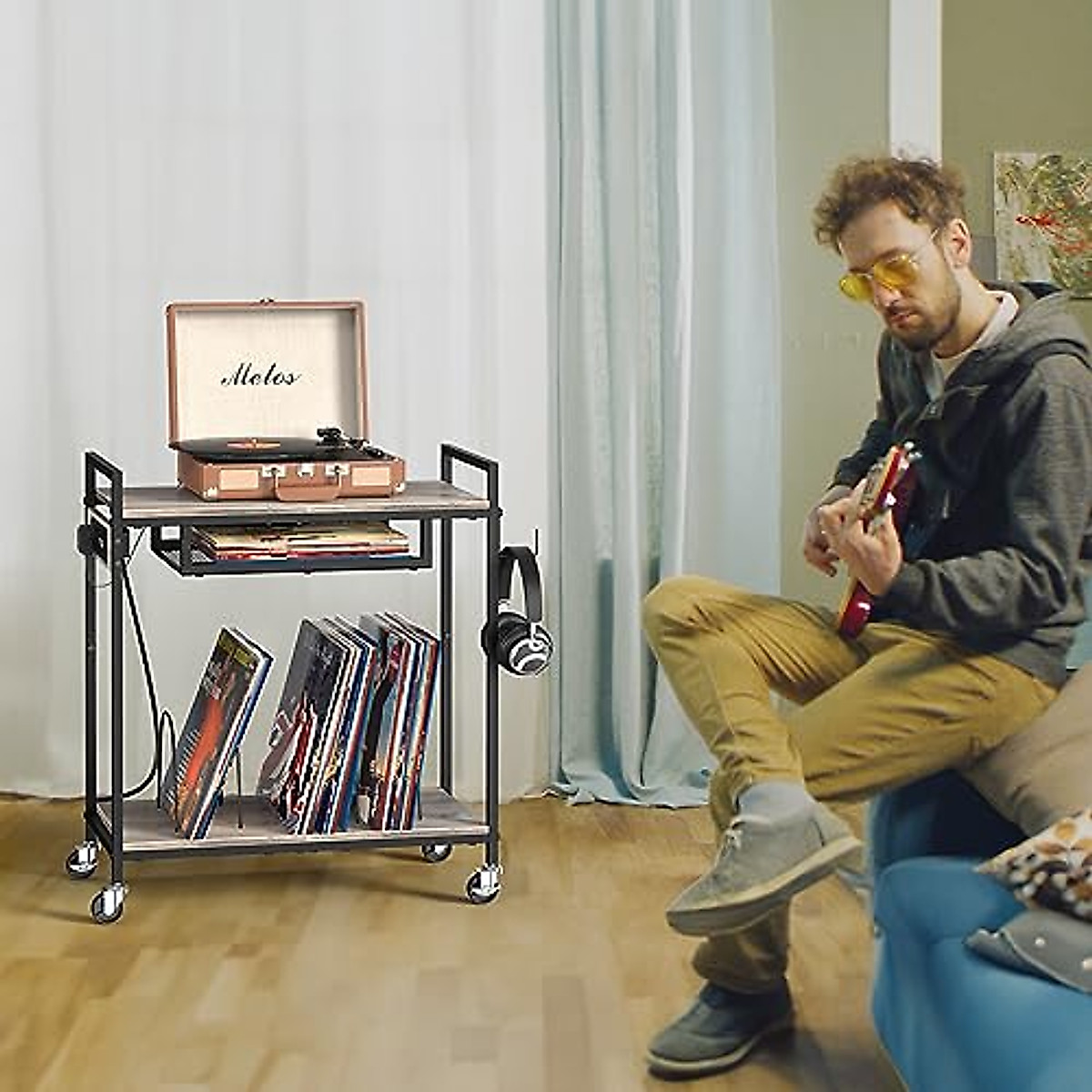 Record Player Stand, Turntable Stand with Charging Station, 3 Tier Record Player Table with 4 Quick-Release Divider, Vinyl Record Stand Storage with 4 Wheels, for Bedroom Living Room and Office, Gray