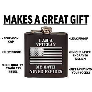 Rogue River Tactical USA American Flag Veteran Oath Stainless Steel Hip Flask Premium Matte Black Makes a Great Gift For Him Dad Father Veteran