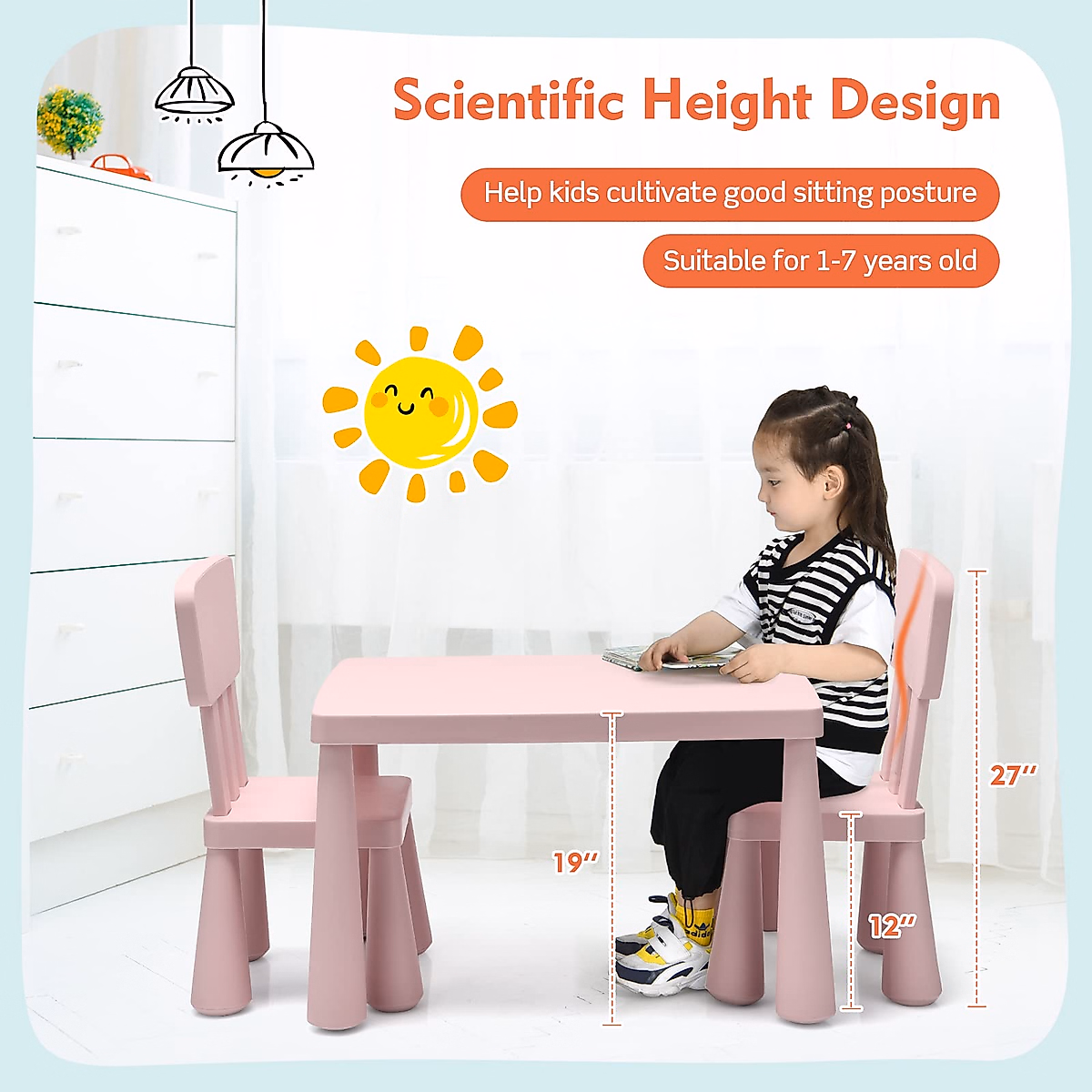 COSTWAY 3-Piece Kids Table and Chairs Set, Lightweight Plastic Children Activity Center for Reading, Writing, Painting, Snack Time, Kids Furniture Art Study Desk & Chairs Set for Ages 1-7 (Pink)