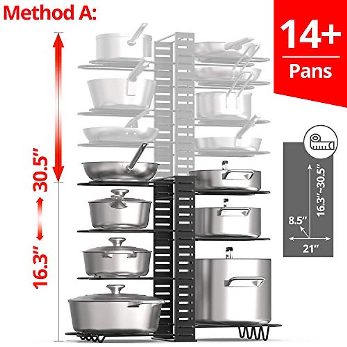 Vdomus Extensible Pot Rack Organizer with 4 DIY Methods Black & Adjustable 3 DIY Methods Pots and Pans Shelf