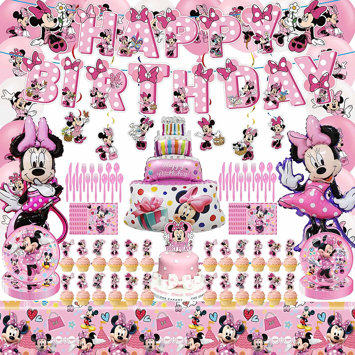 Pink Mouse Party Supplies, Pink Mouse Birthday Party Decorations Include Banner, Hanging Swirls, Cake Foil Balloons, Latex Balloons, Cake Toppers, Tableware, Tablecloth