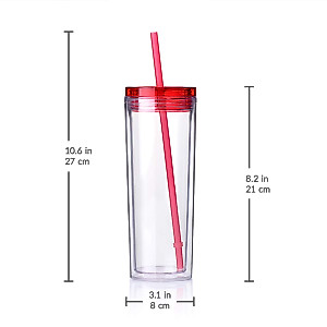 Cupture Skinny Acrylic Tumbler Cups with Straws - 18 oz, 8 Pack (Assorted Colors)